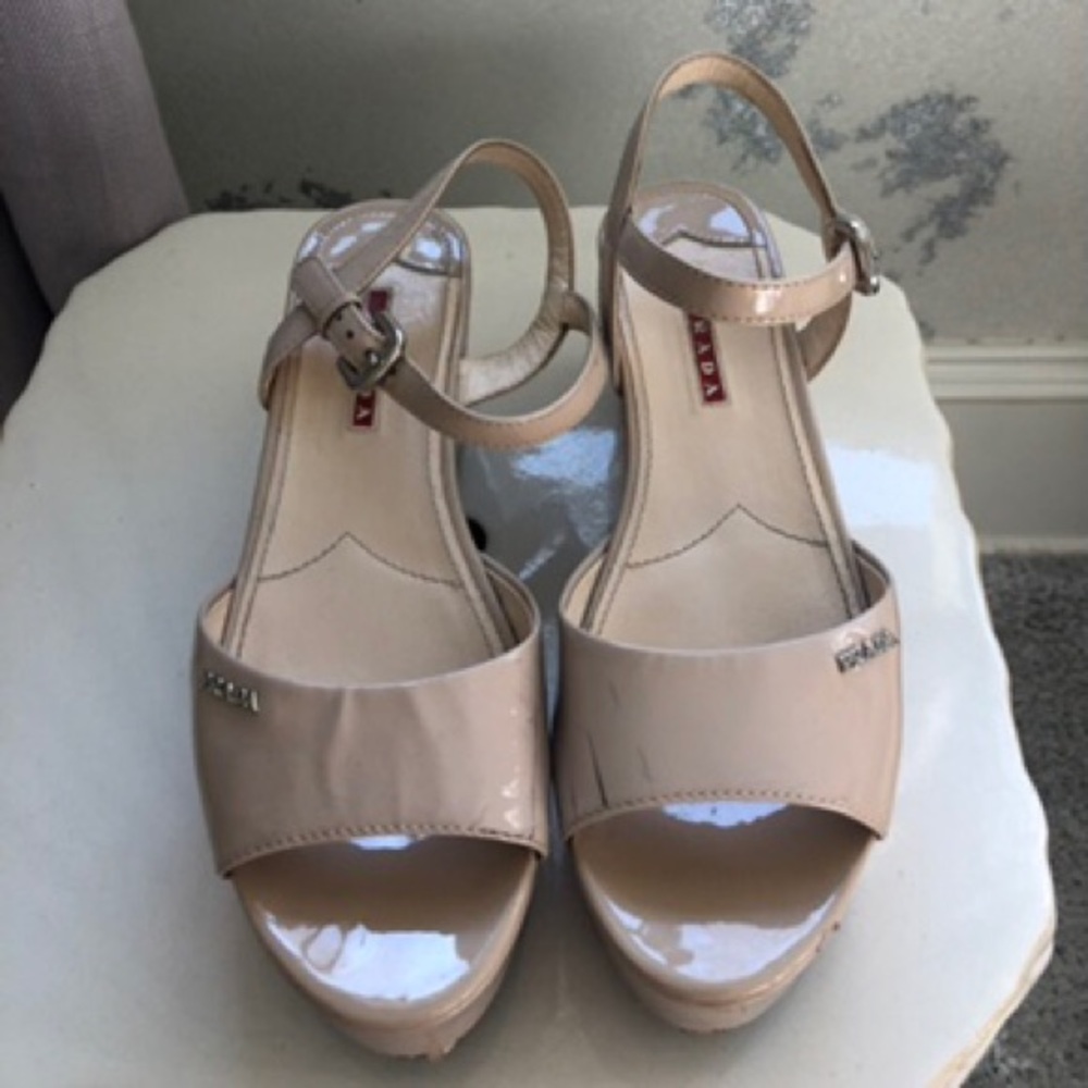 Prada Nude Patent Leather Platform Wedges - Gem